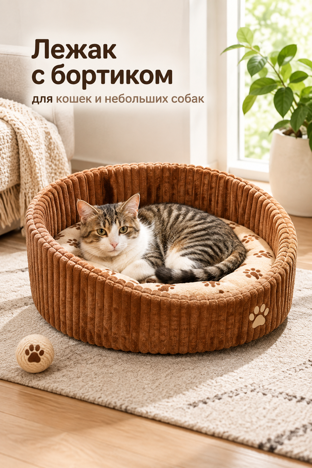 Овальный лежак с бортиком для кошек и небольших собак, 44 × 37,5 × 24 см
