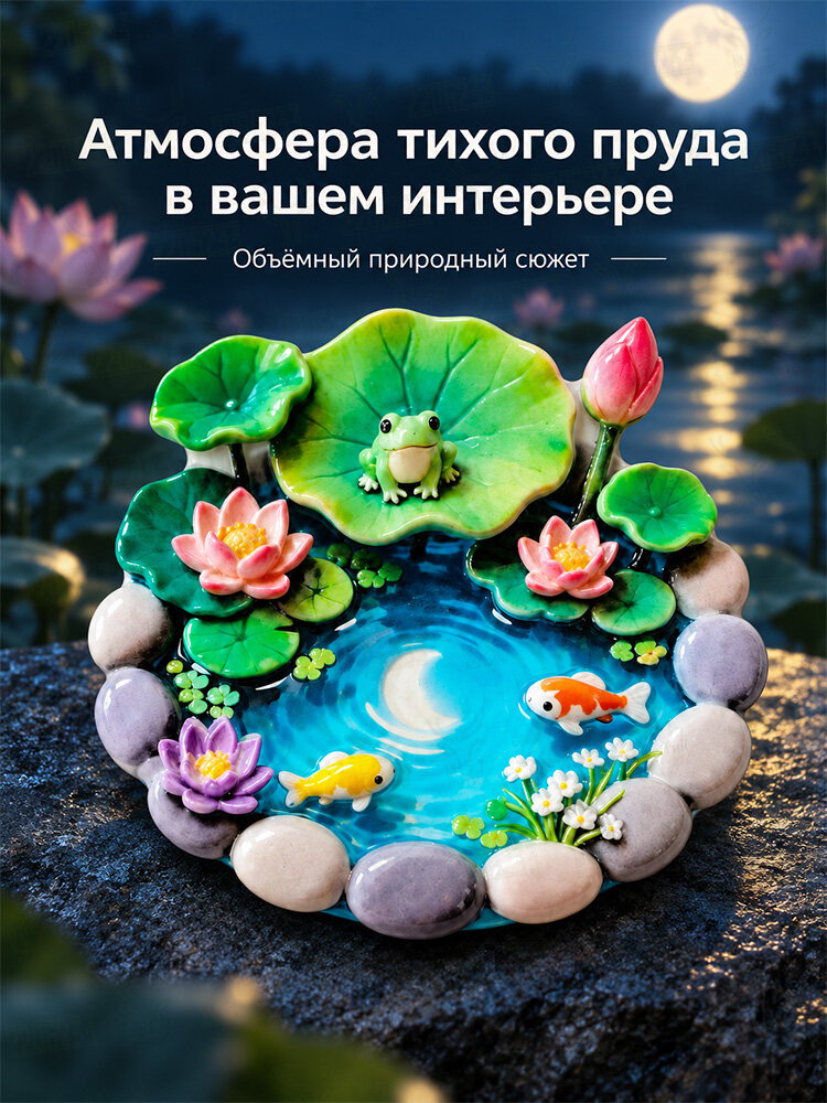 Магнит на холодильник объемный Пруд с лотосами, лягушка и карпы кои, смола, 7 7 см, 1 шт.