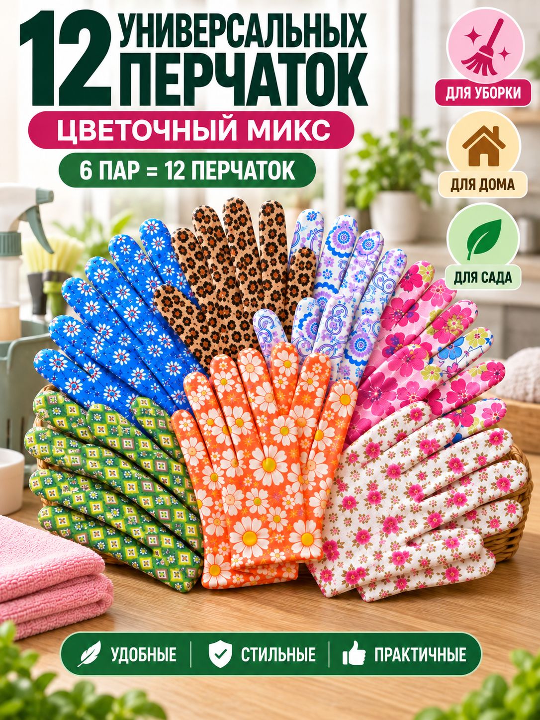 Хозяйственные и садовые перчатки, размер Универсальный, садовые, для уборки,6 пар