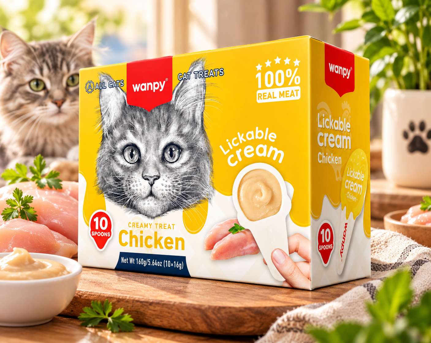 Лакомство для кошек Wanpy Cat "нежное пюре" из курицы в ложечке, 10 шт х 16 гр
