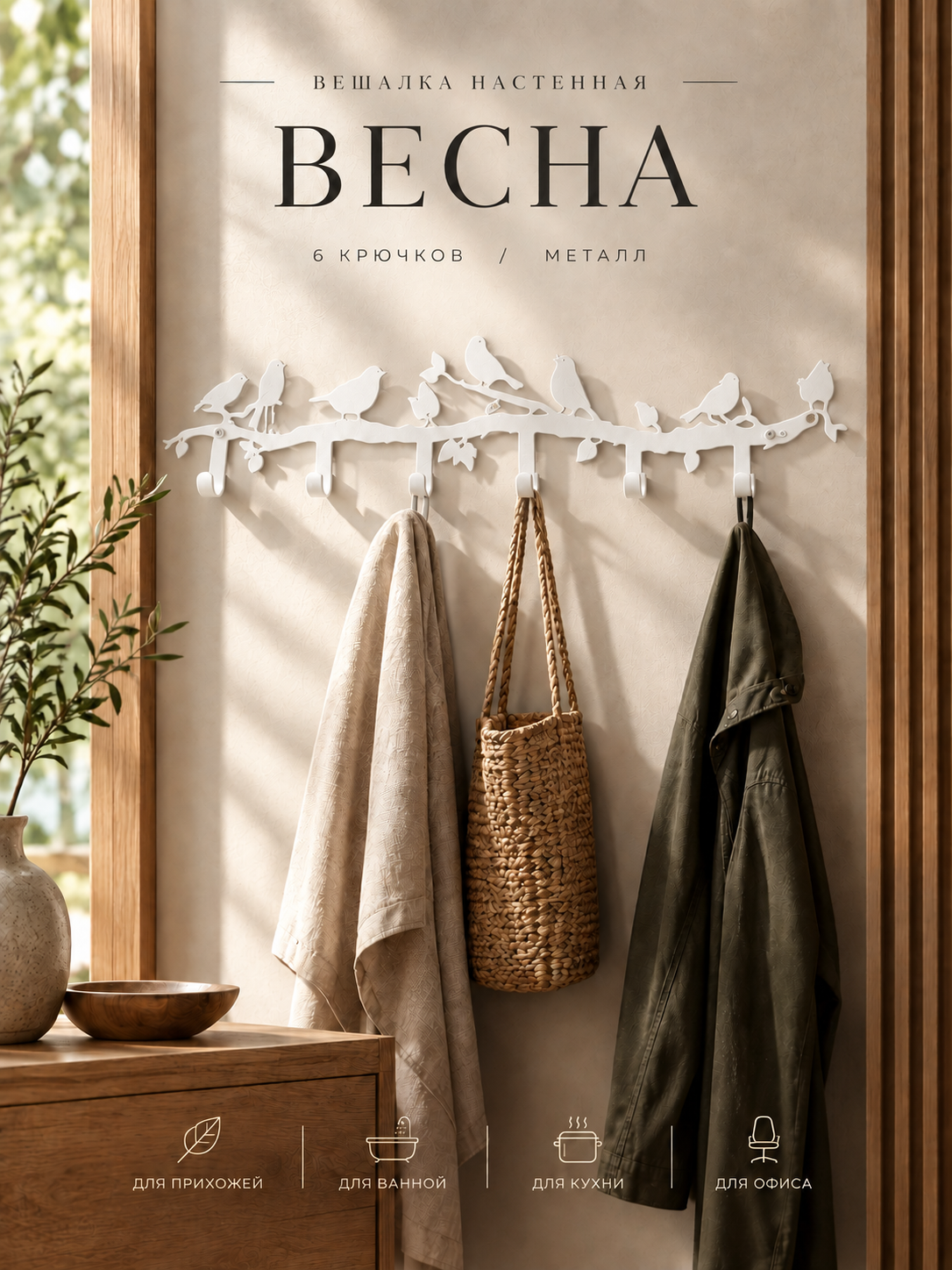 Вешалка для одежды настенная металлическая «Весна», 6 крючков, белая