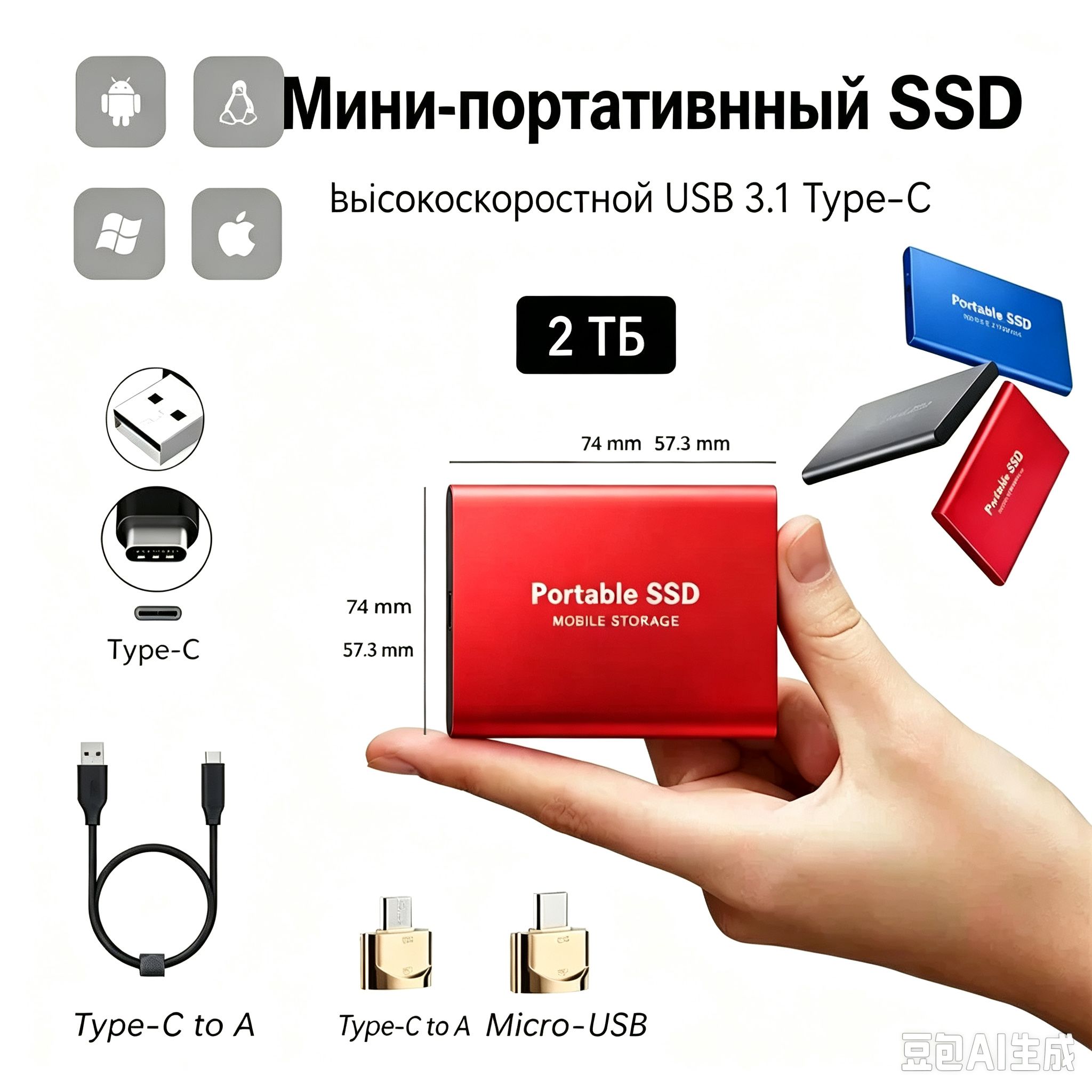 Портативный внешний SSD-накопитель, мобильный твердотельный диск USB3.0 Type-C, поддержка NVMe/SATA M.2, объем 2ТБ для ПК, ноутбука, телефона