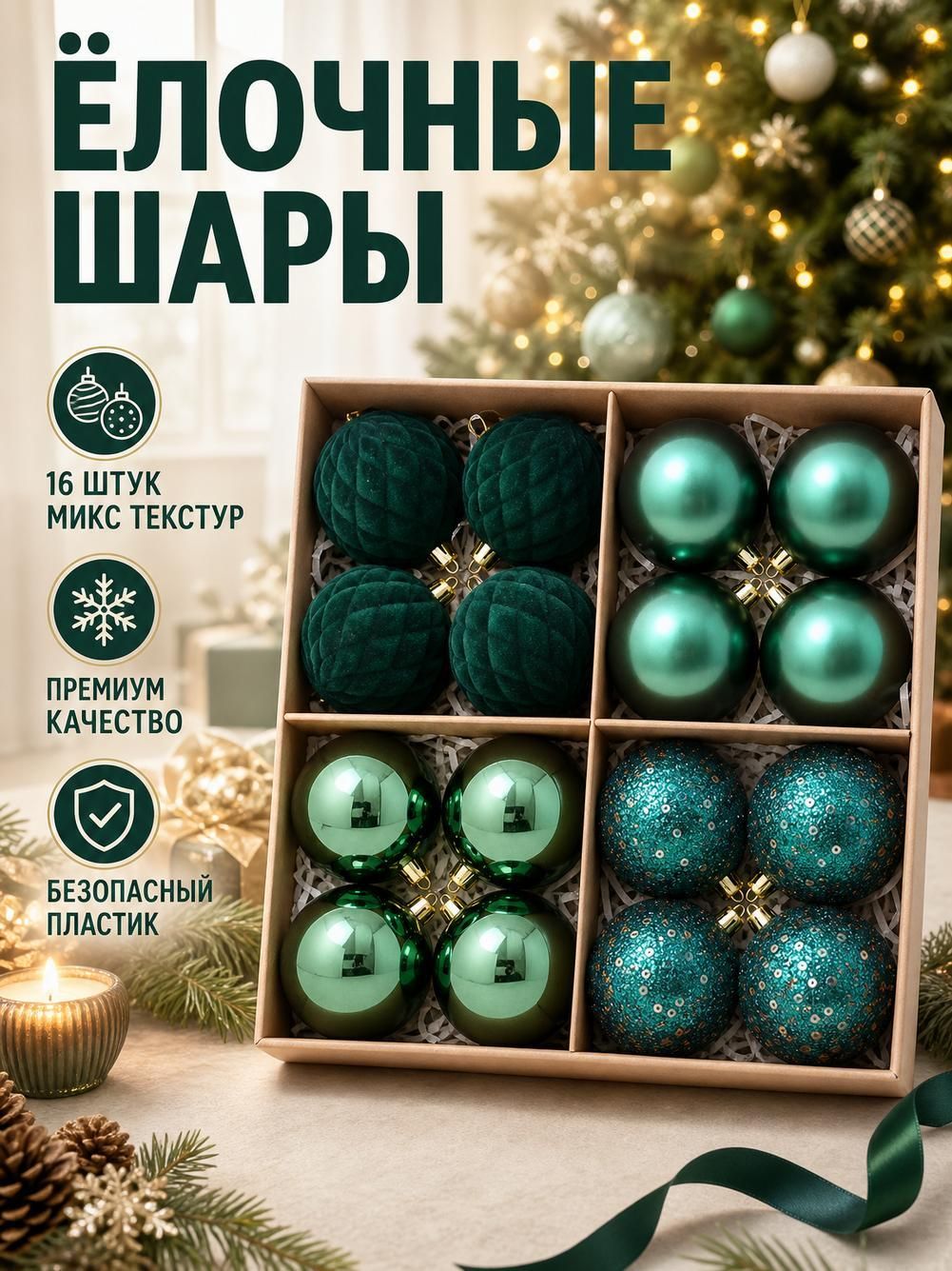 Набор из 16 пластиковых ёлочных шаров диаметром 6 см, с флоковым покрытием и ручной росписью, для украшения ёлки и праздничного декора