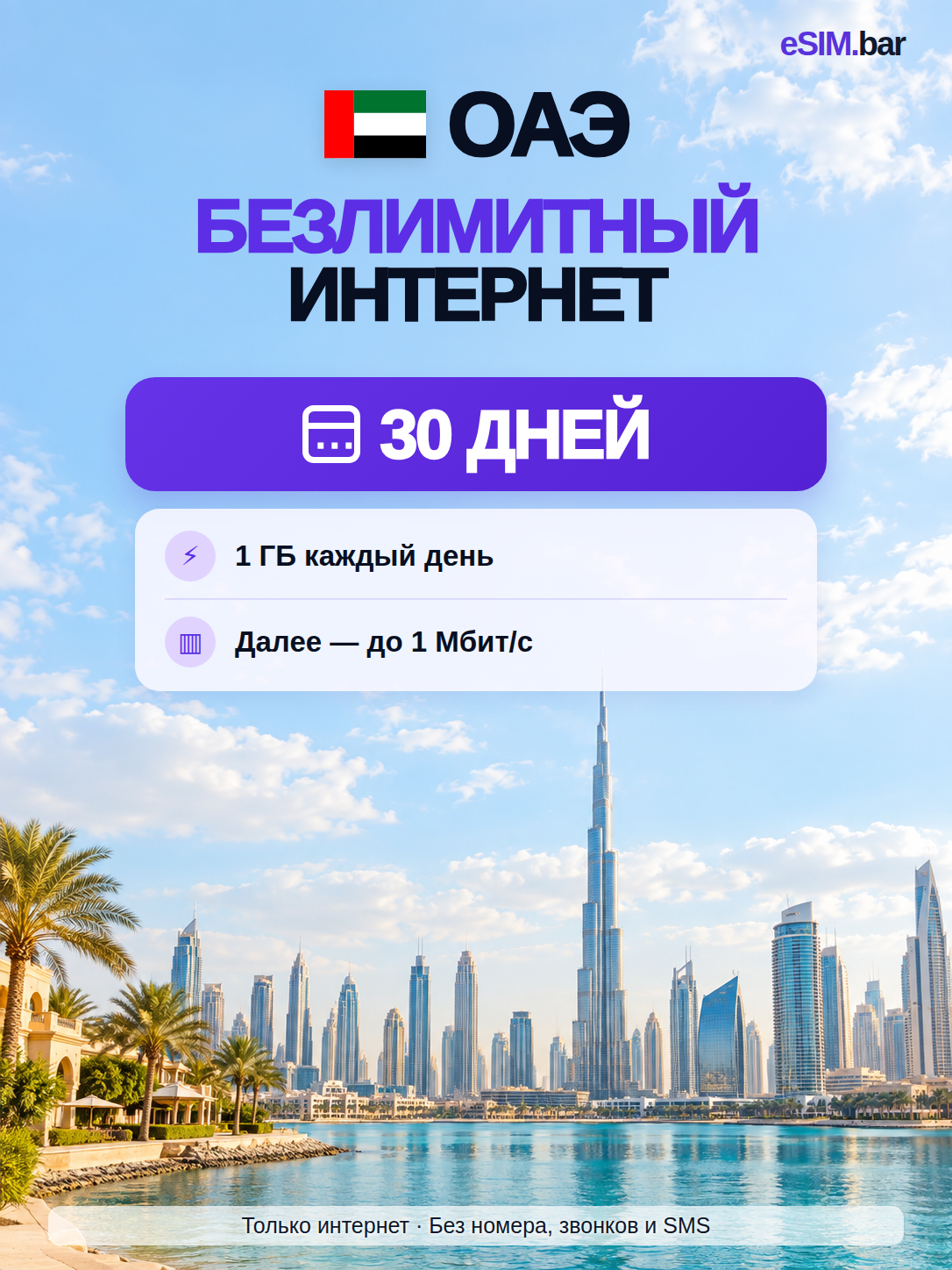 ESIM для ОАЭ — безлимитный интернет на 30 дней, 1 ГБ/день на высокой скорости