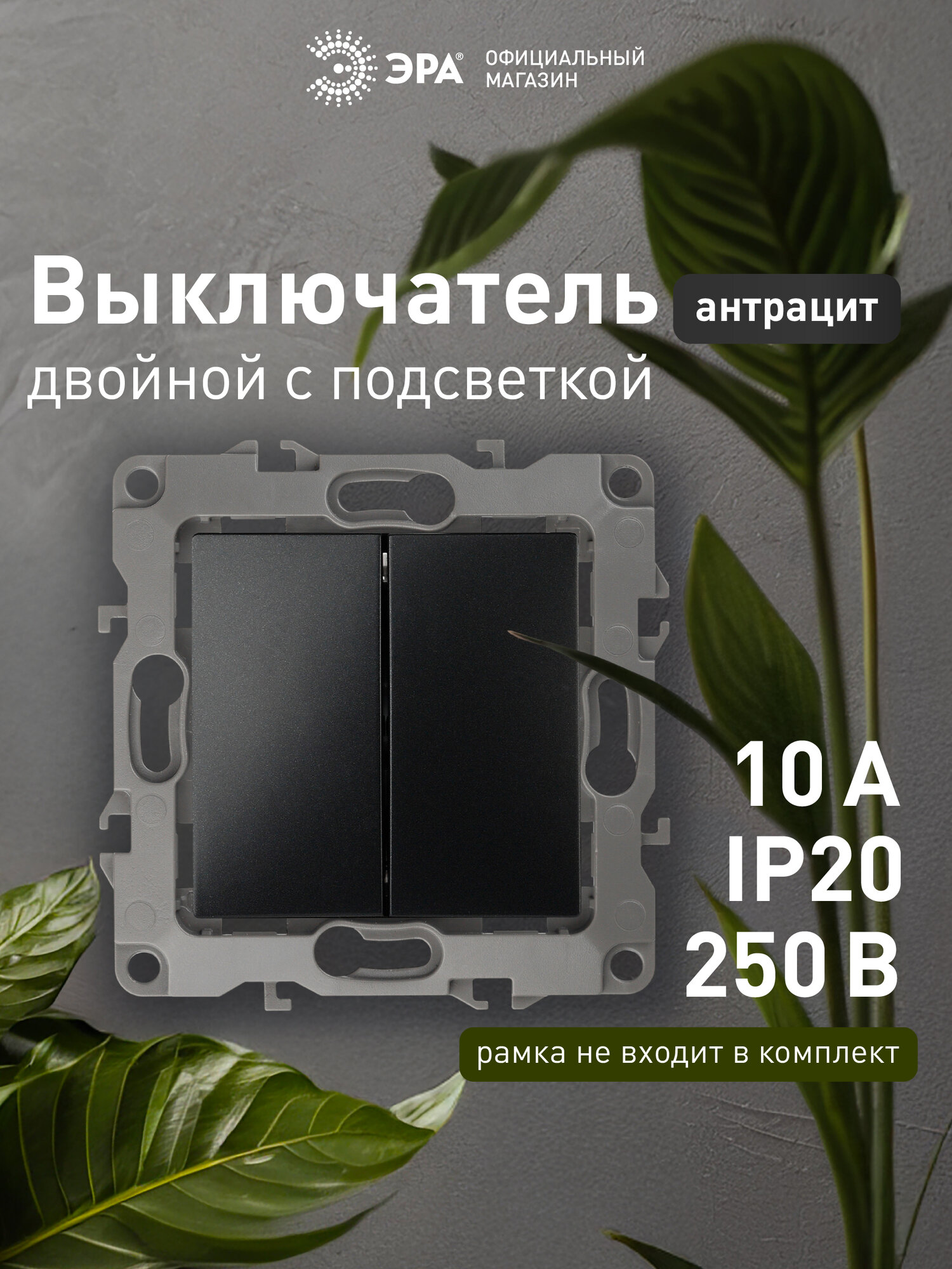 Выключатель двухклавишный встраиваемый ЭРА 12 1104-05 10АХ-250В, скрытой установки, черный