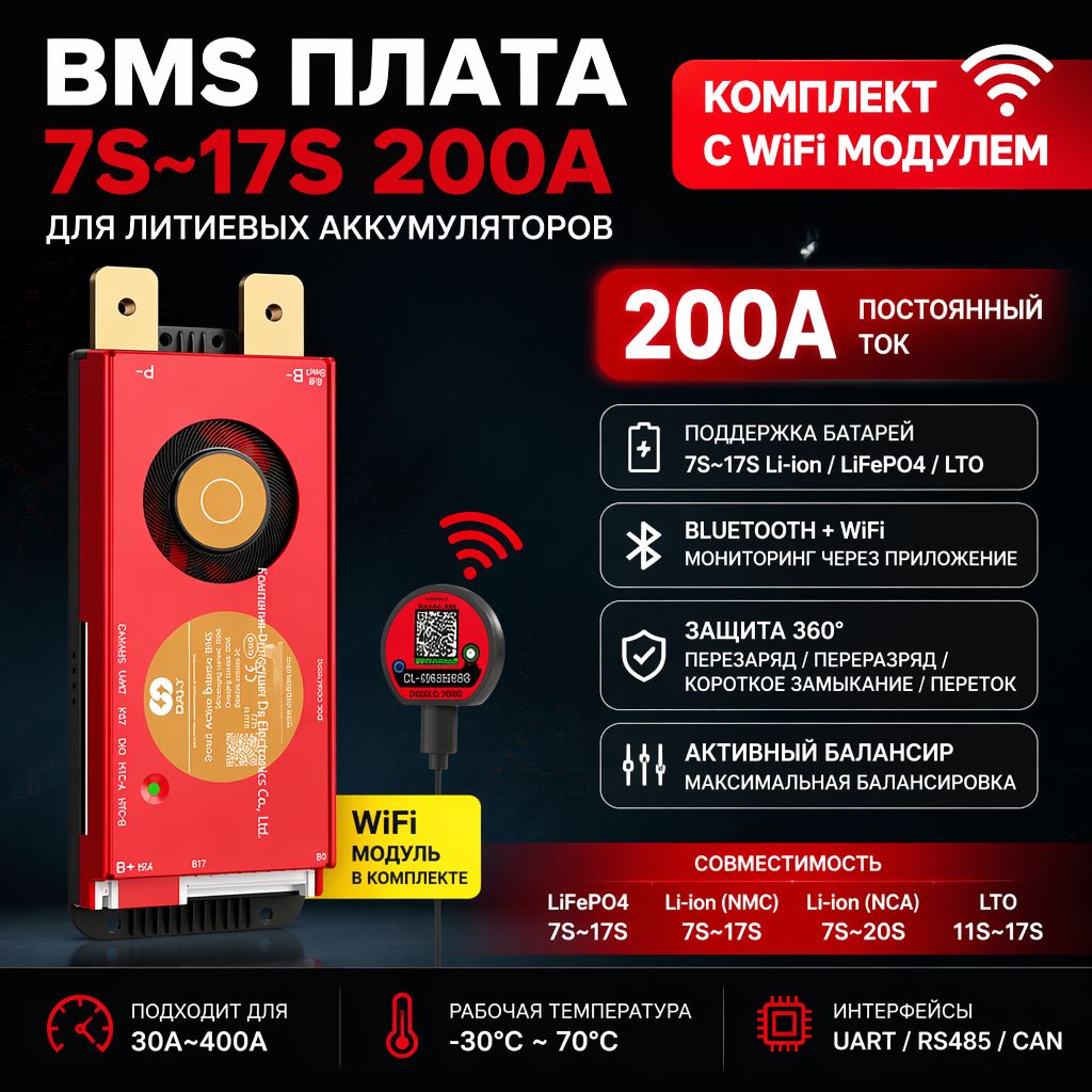 DALY BMS Smart 7S-17S 200A Плата защиты с активной балансировкой, Bluetooth, CAN, RS485, Wi Fi модуль, комплект, и портативных накопителей