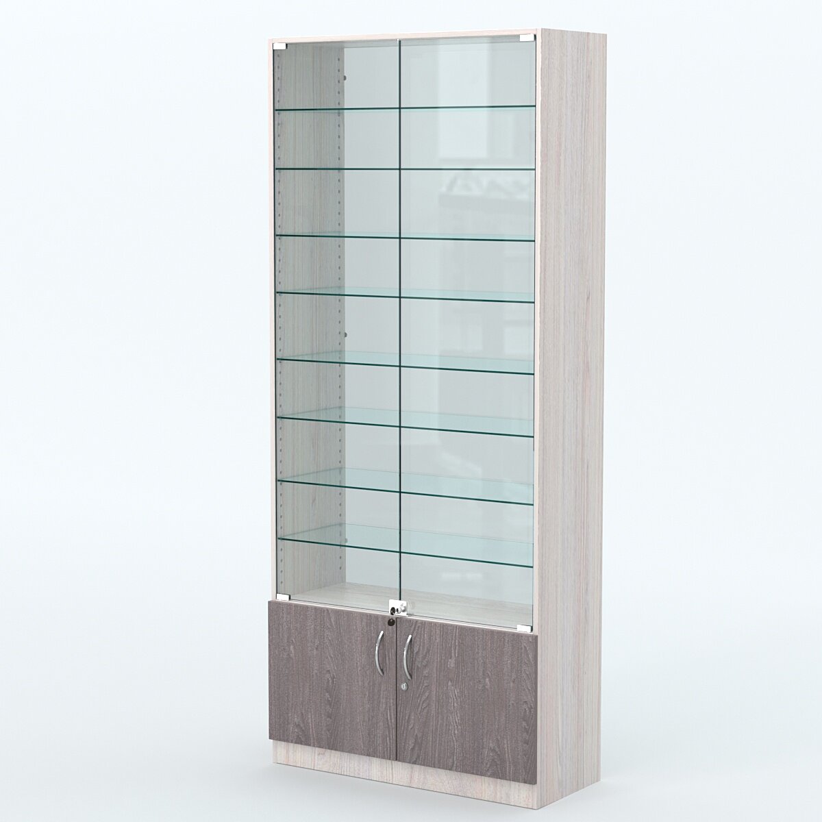 Торговая витрина с 8-ю полками 350x900 мм серии NEXT-8 №13-1 (З/C - стекло), Ясень Анкор светлый + Ясень Анкор темный