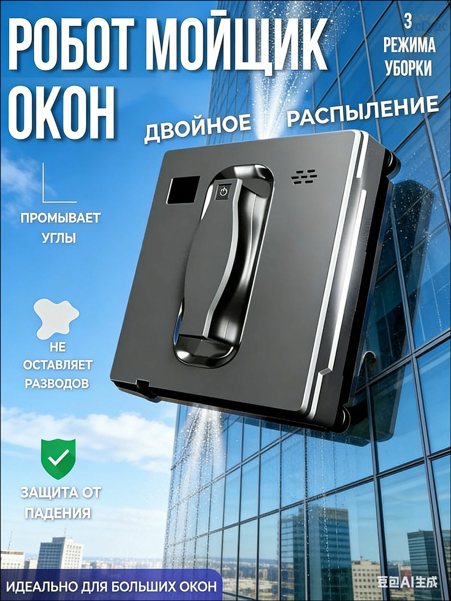 Робот для мойки окон SHELEVAR Робот мойщик окон с распылением, Машинка окномойка для мытья стекол и зеркал, черно-серый