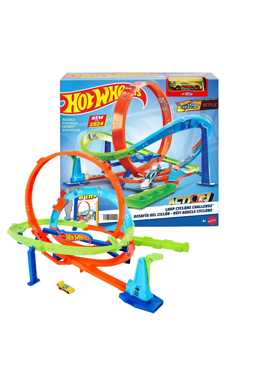 Автотрек Hot Wheels Action Loop Cyclone Challenge HTK16, испытание гиперпетли, с машинкой 1:64, для детей от 4 лет