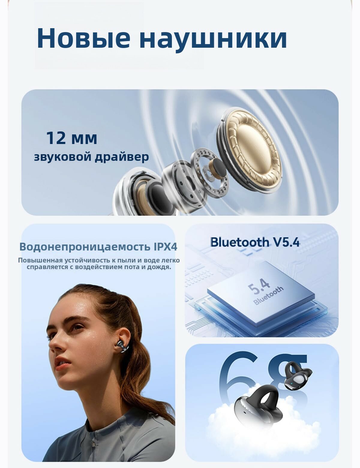 Беспроводные наушники-клипсы Bluetooth 5.3 с открытым ухом, 12 часов работы, защита IPX5, микрофон CVC 8.0, стереозвук для бега, работы и вождения