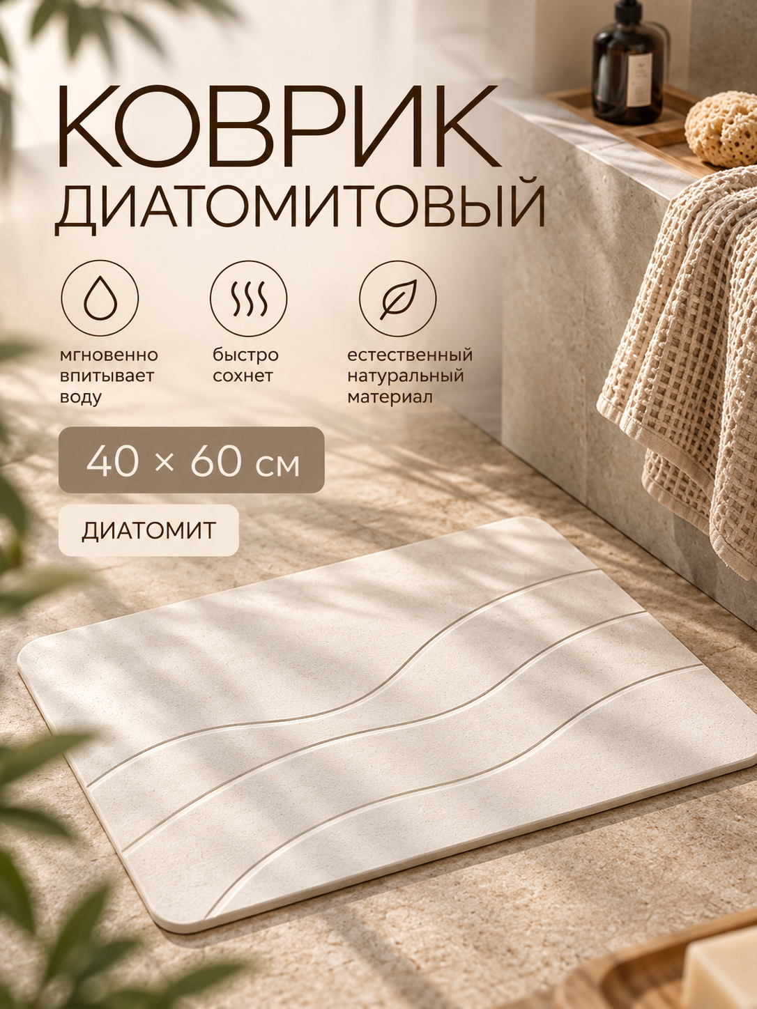 Коврик из диатомитового камня SAVANNA, 40х60 см, толщина 1 см, цвет белый