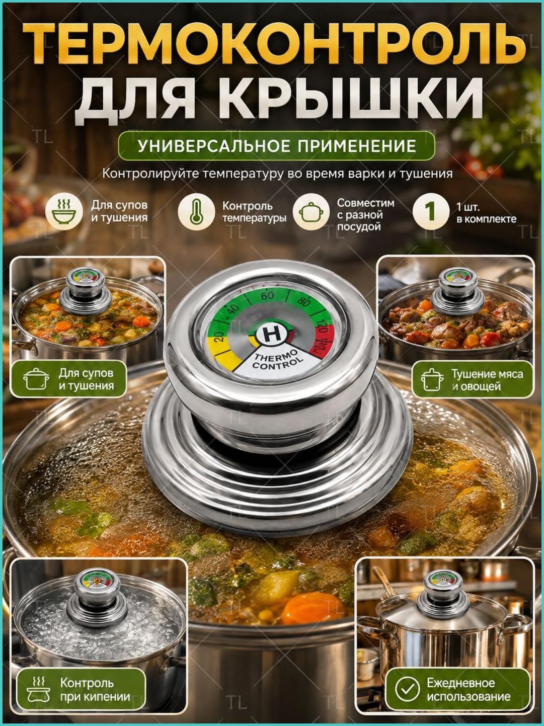 Ручка для крышки кастрюли универсальная с термометром для контроля температуры; термоконтроллер для посуды типа Zepter из нержавеющей стали 7х5 см, умный аксессуар для варки и тушения.