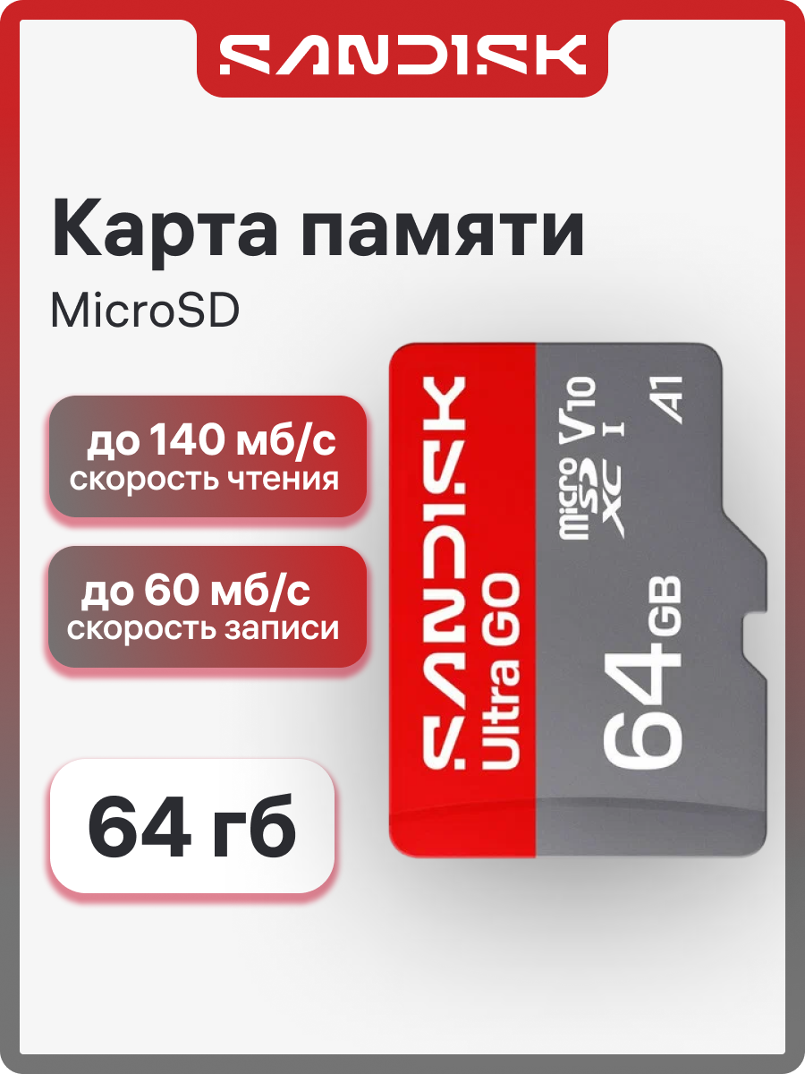 Карта памяти SanDisk 64 ГБ Ultra GO, MicroSD, A1 V10 (SDSQUGN-064G-GN6MN)