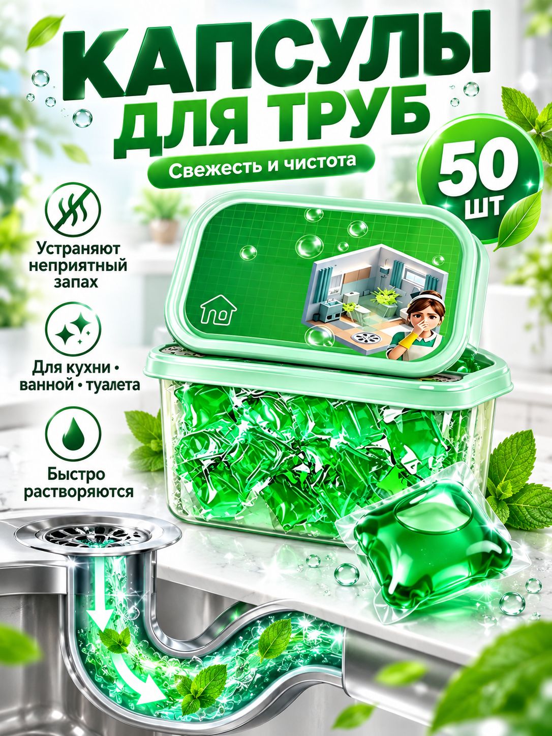 Капсулы для очистки и устранения запаха из труб 50 шт, растворимые капсулы для слива, кухни, ванной и туалета