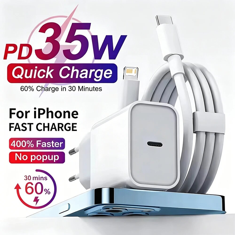 Быстрое Зарядное Устройство PD EU Мощностью 35 Вт Для iPhone 11/12/13 Mini/14 Pro EU Plug - 1m Cable