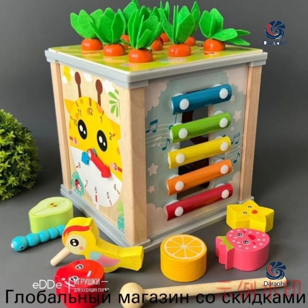 Развивающий деревянный БизиКуб Монтессори 6 в 1 "Дятел на грядке" / Игрушки Малышам / "DFD"-3-3---6