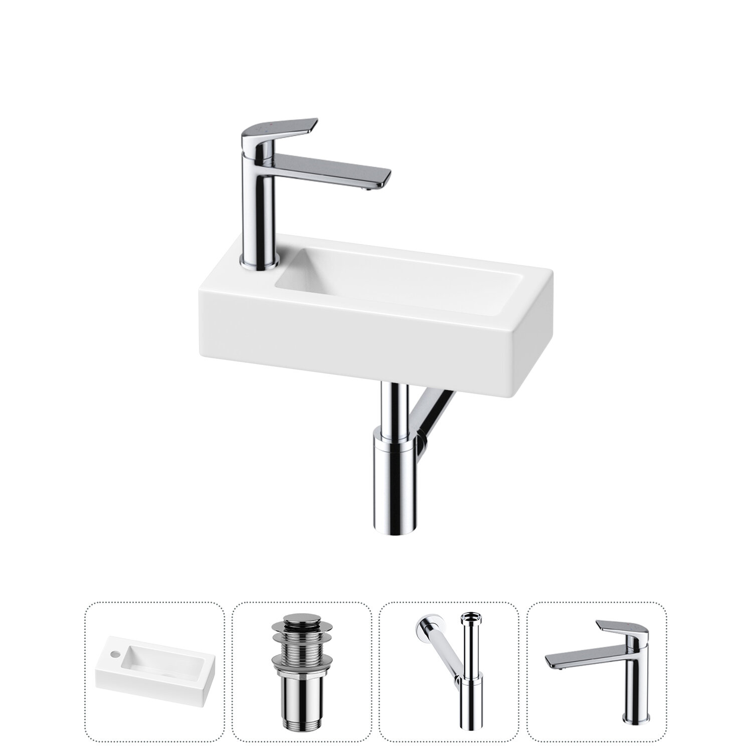 Подвесная или накладная раковина в ванную комнату Lavinia Boho Bathroom Sink 20215889R в наборе 4 в 1: раковина 37 см в цвете белый глянец, донный клапан, сифон, смеситель