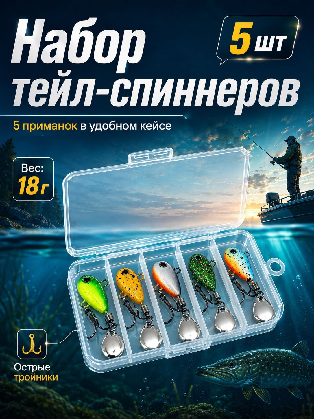 Блесна тейл спиннер на щуку, судака, окуня набор 5 шт, 18 гр