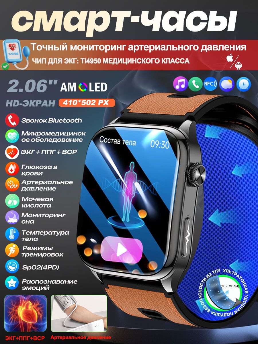 Смарт часы мониторинга здоровья, точный измеритель артериального давления с воздушным насосом, ЭКГ, PPG , HRV, AMOLED-дисплей, Микромедицинское обследование, EDA