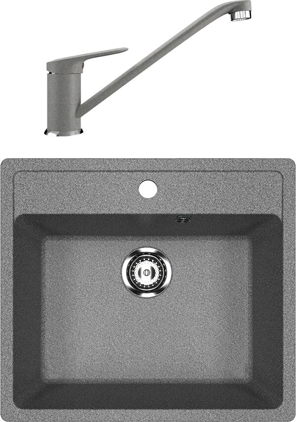 Комплект Мойка Ulgran U-104 -309 56x50, темно-серая, искусственный мрамор / Смеситель U-004 -310 серый, серый