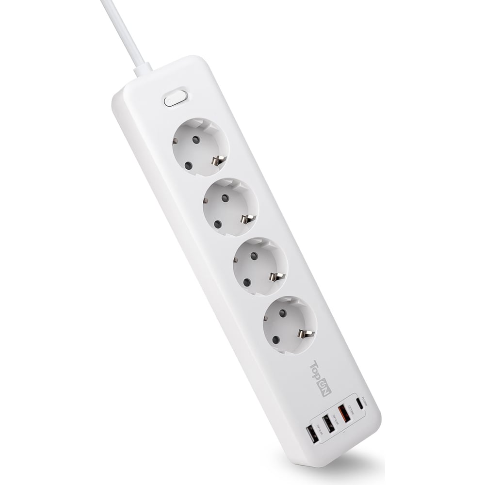 Сетевой фильтр TopOn TOP-PWS4 4 розетки, 3 USB, Type-C, PD 20W QC3.0, 4000W, 3м Белый TOP-PWS4-3