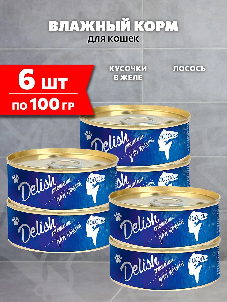 Корм влажный Delish Premium Cat для взрослых кошек, лосось, 100 г 6 шт