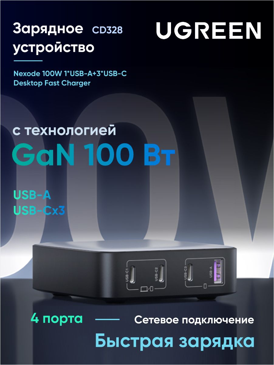 Зарядное устройство UGREEN Nexode 100Вт PD CD328 (90928) 1*USB-A+3*USB-C. Цвет: серый космос