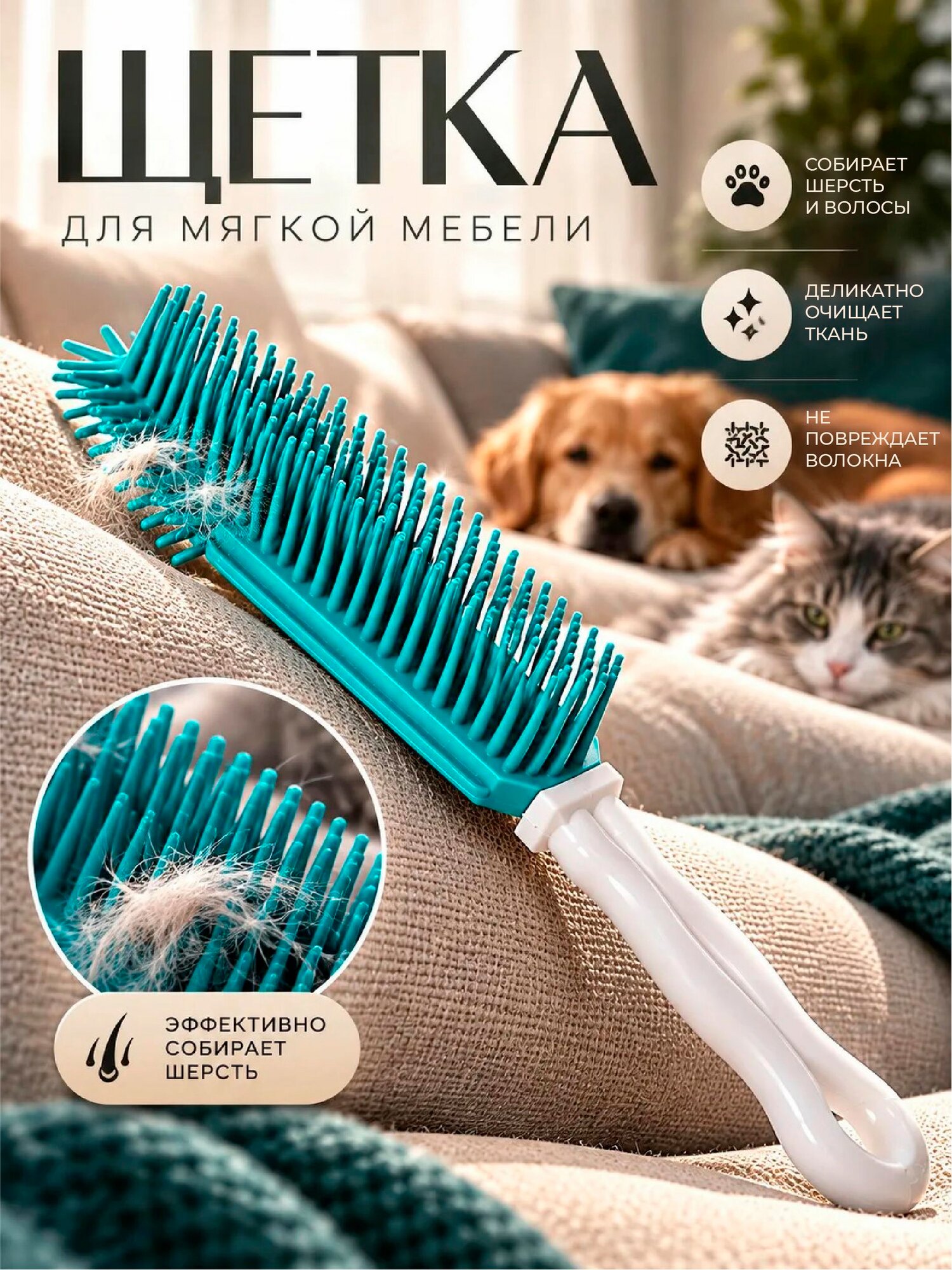 Щетка резиновая для мебели дивана и ковра, сметка для удаления шерсти и волос