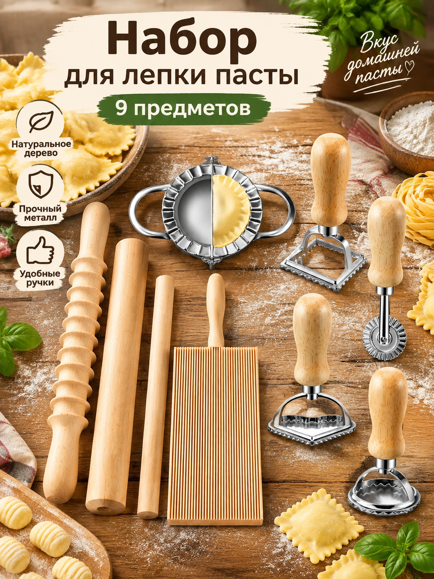 Набор для лепки пасты 9 предметов: 3 скалки, штампы для равиоли, резак и деревянная доска