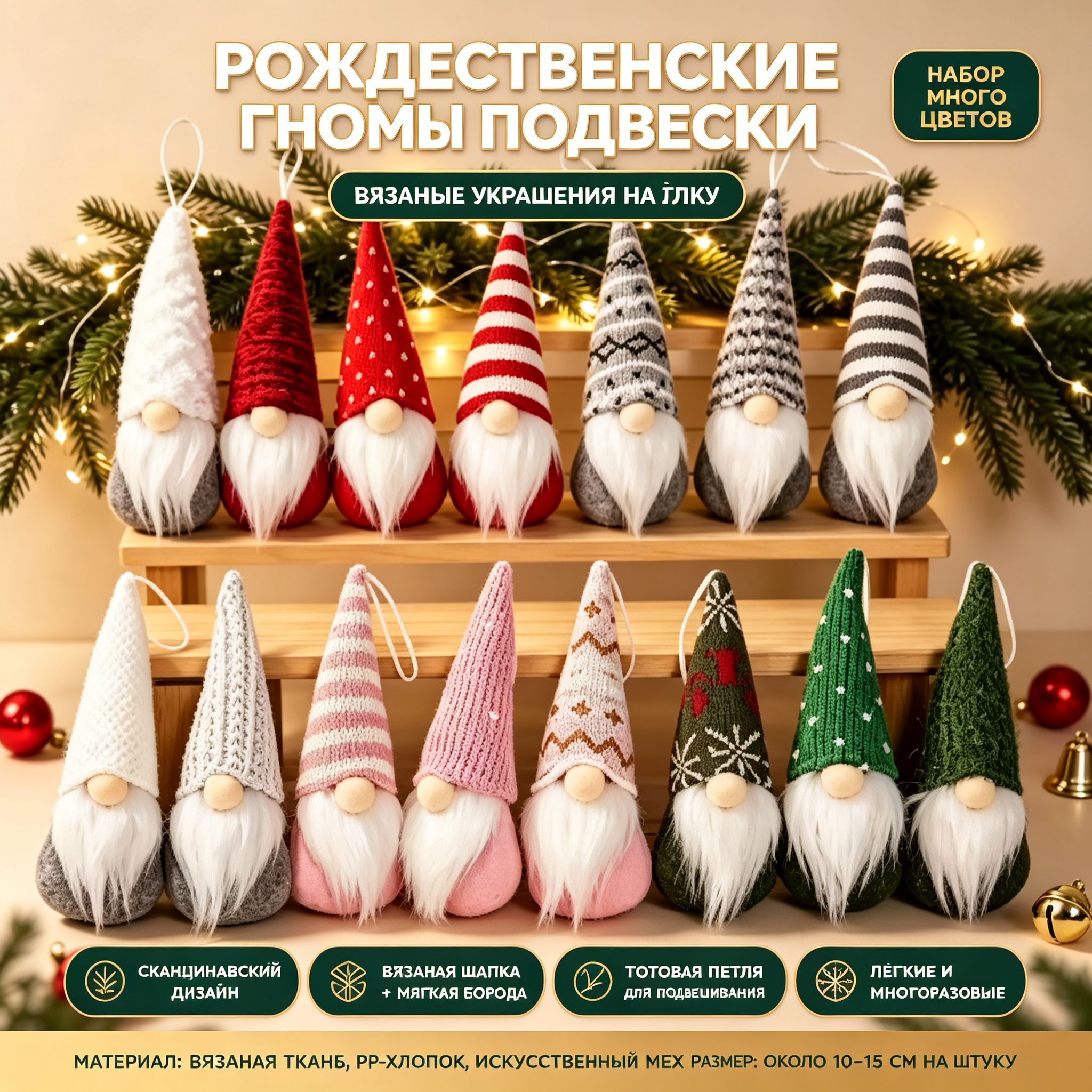 Рождественские гномы подвески, набор , вязаные украшения на елку, скандинавский дизайн