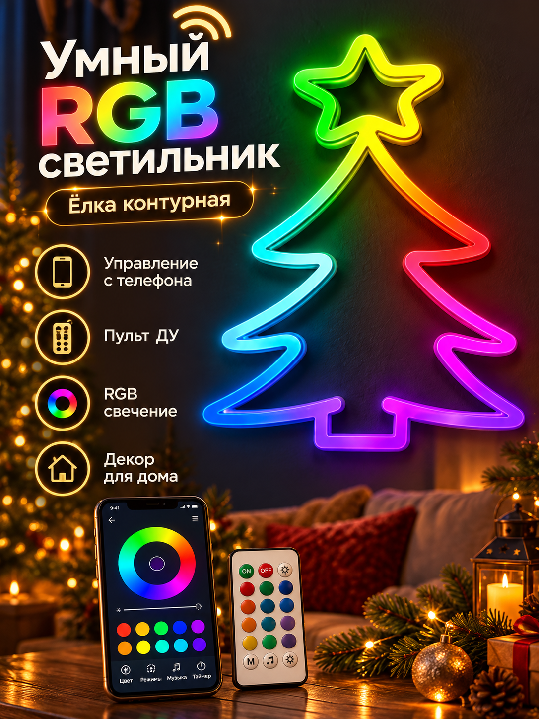 Умный неоновый RGB светильник Елка контурная со звездой KY-0611 с управлением с телефона, LED-светильник