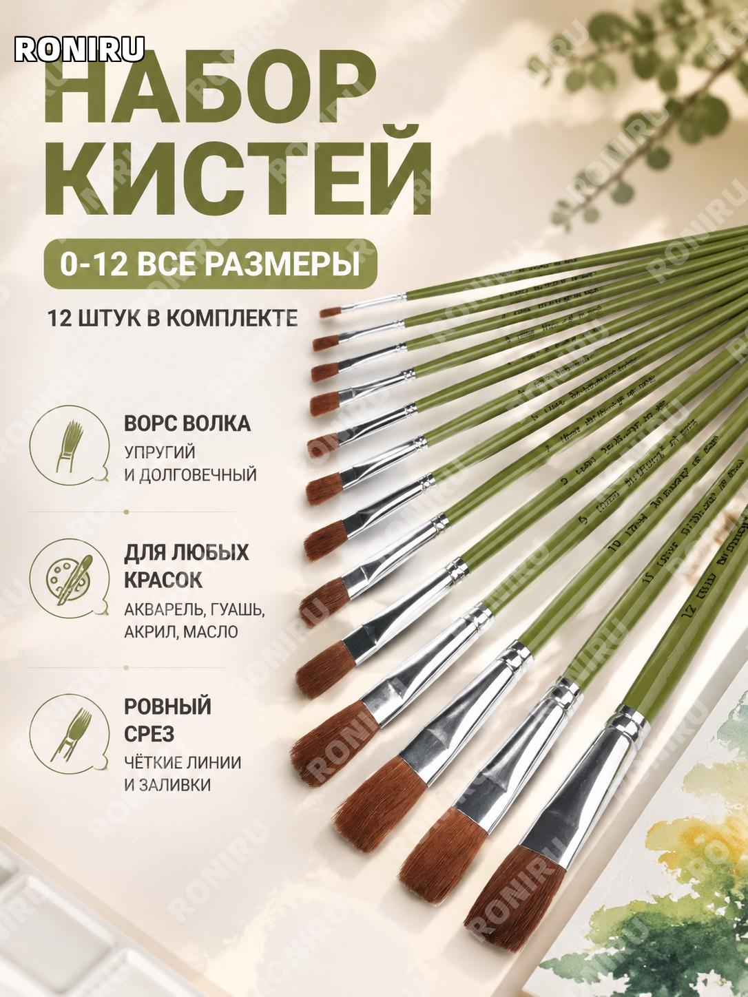 Набор кистей из волоса волка LG2858 0–12号 полный комплект, кисти для акварели гуаши и акрила, деревянная ручка