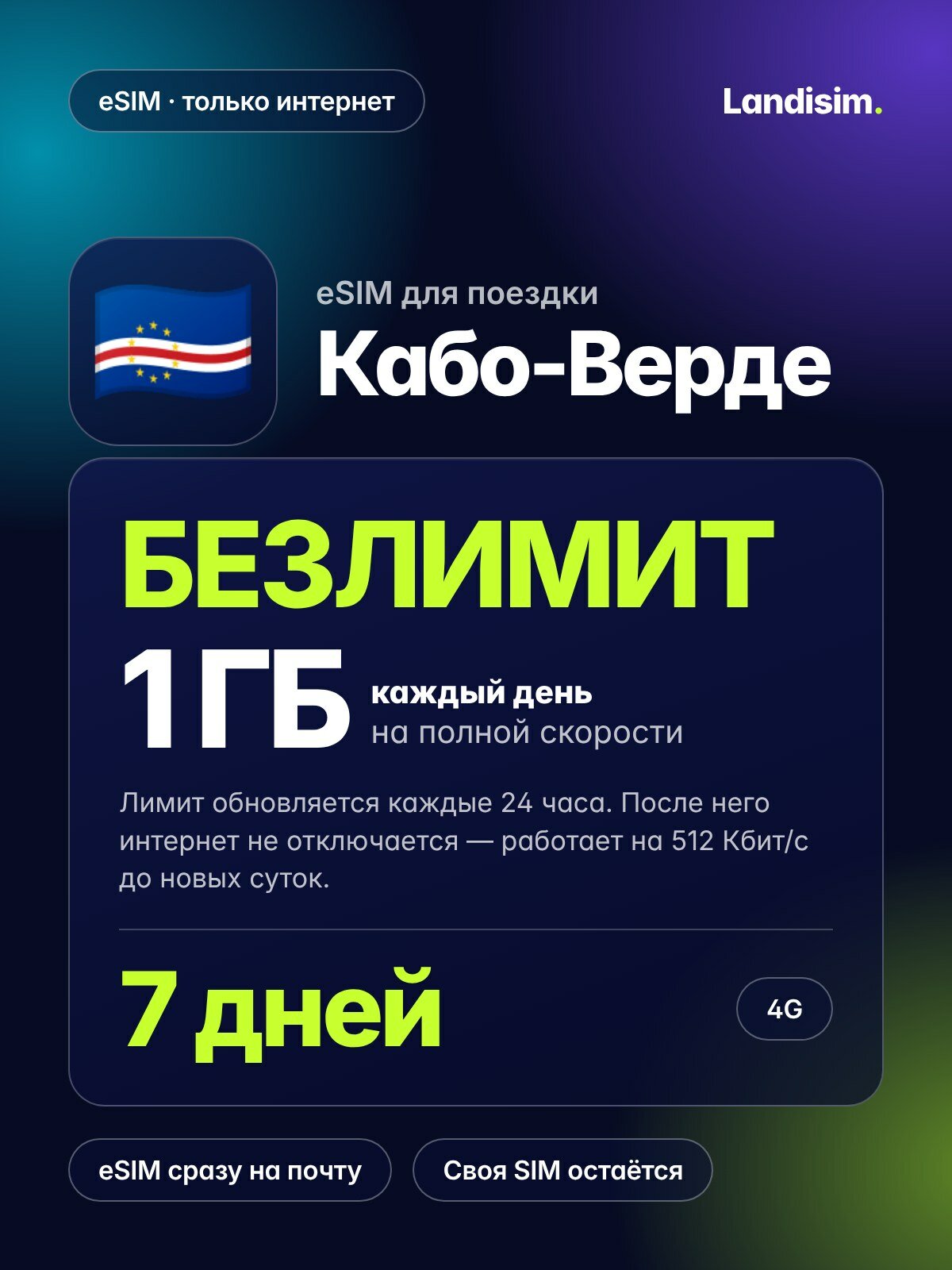 ESIM Кабо-Верде безлимит 1 ГБ в день на 7 дней, мобильный интернет Landisim