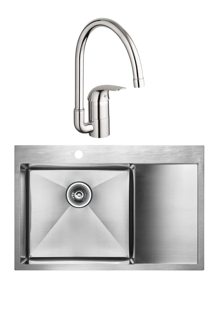 Комплект Мойка Paulmark Kroner PM217851-BSL 78x51, брашированная нержавеющая сталь, нержавеющая сталь / Смеситель Grohe Euroeco 32752000 глянцевый хром
