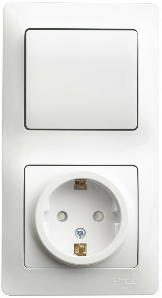 Блок: Розетка с/з со шт. 16А + выключатель 1-клавишный 10А Systeme Electric Glossa, 250В, скрытой установки, Белый