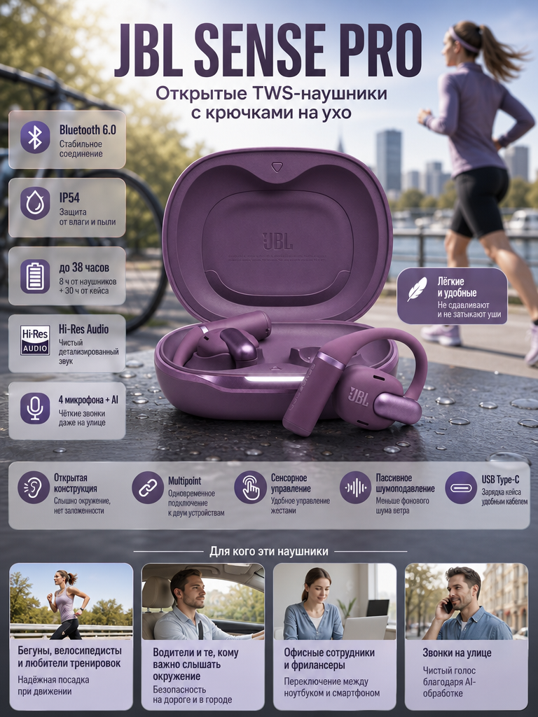 Открытые беспроводные TWS-наушники с крючками на ухо, Hi-Res Audio, Bluetooth, до 38 ч работы, IP54