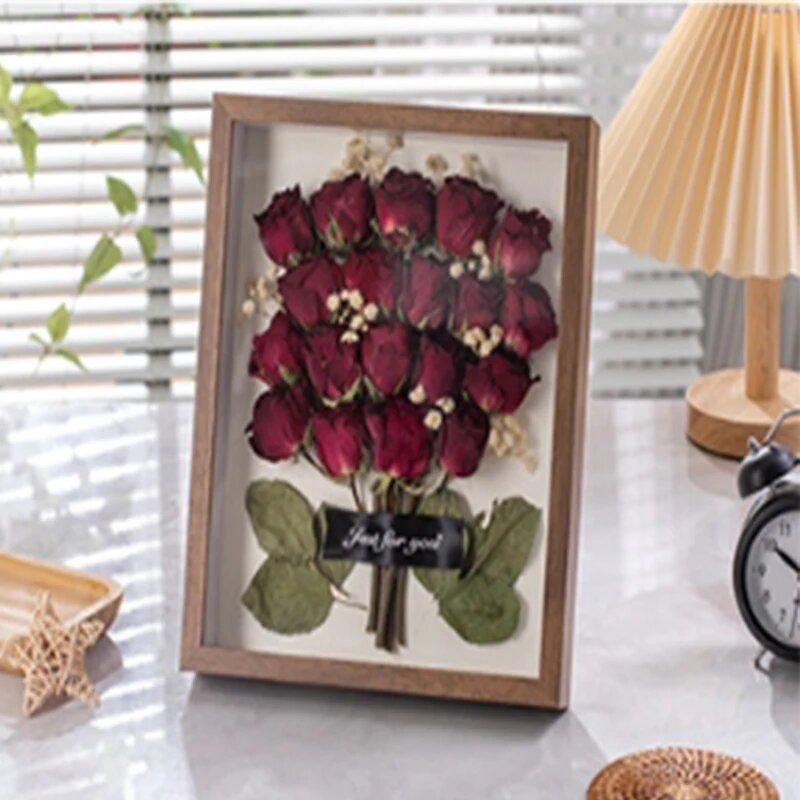3D-фоторамка из пластика для стола с сухими цветами и бабочками Walnut color