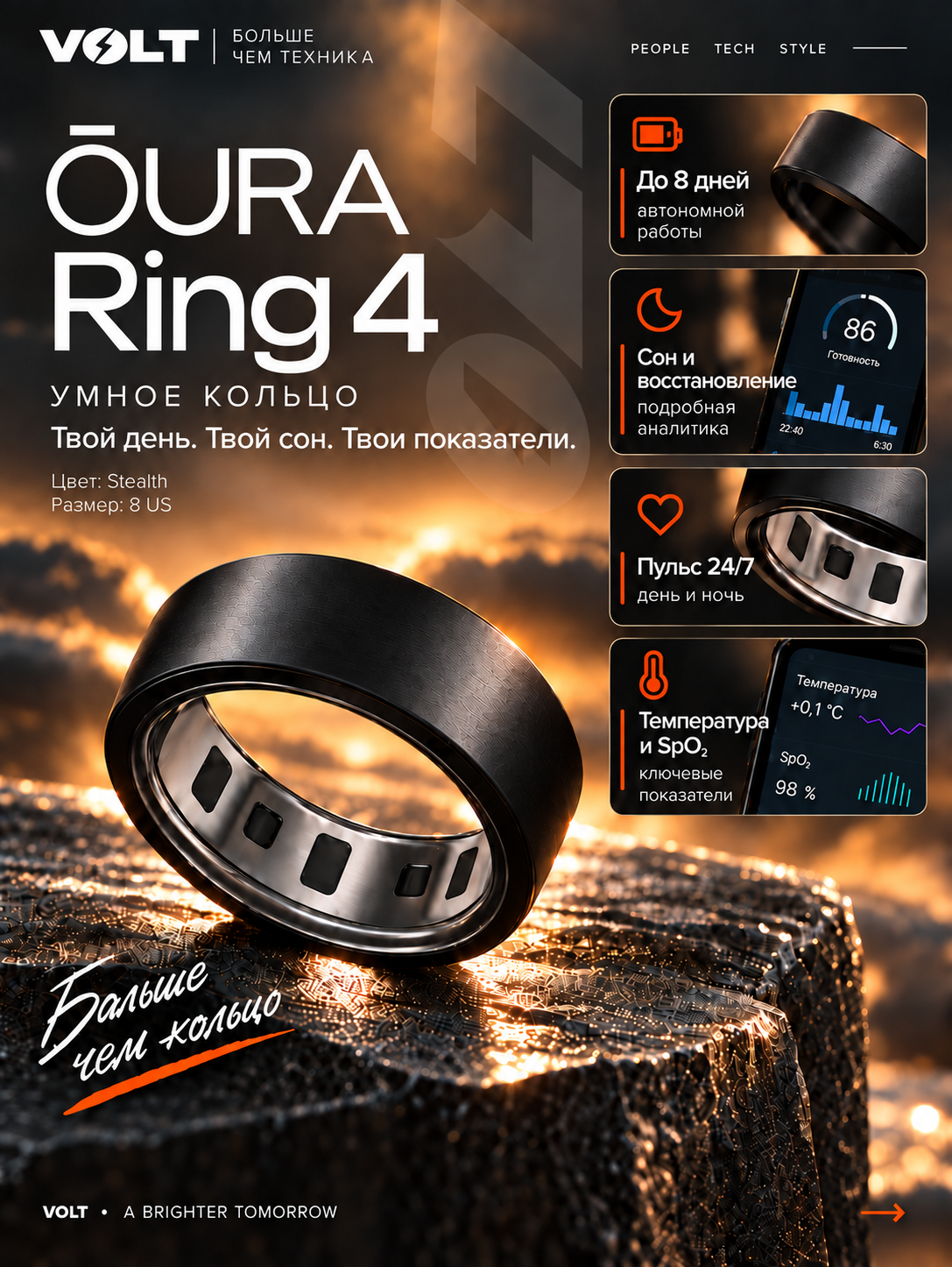 Смарт-кольцо Oura Ring 4 Stealth Size US8