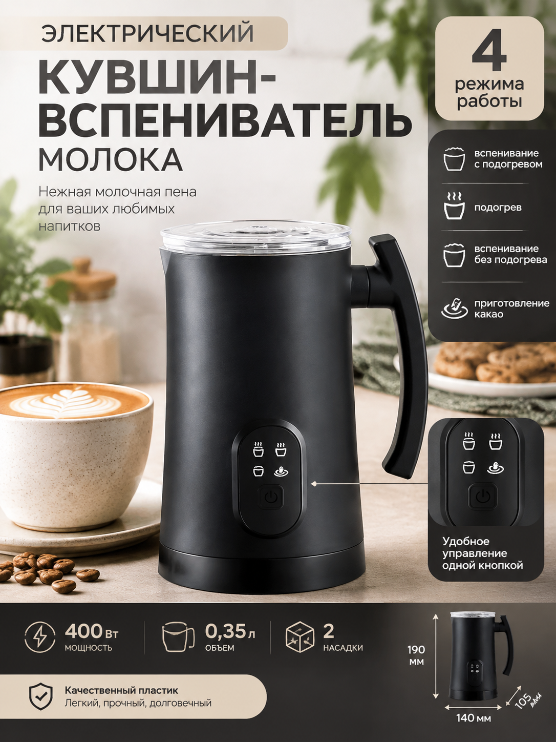 Электрический кувшин-вспениватель молока 0,35 л, 400 Вт, 4 режима, черный матовый