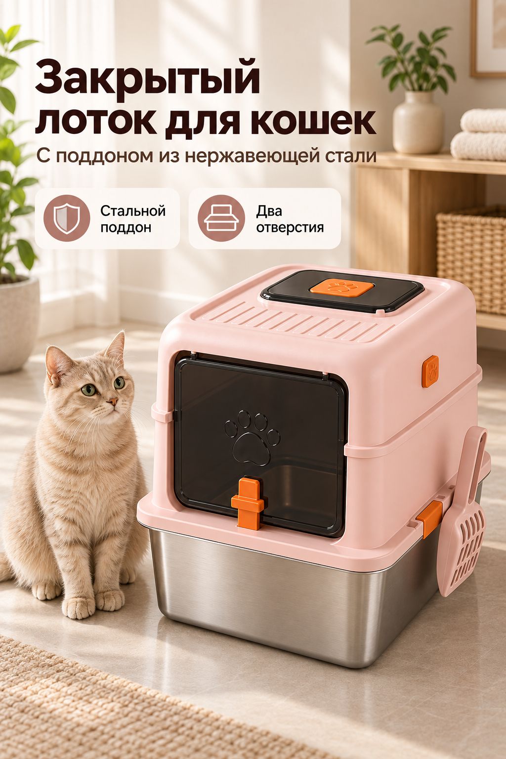 Закрытый лоток-домик для кошек с поддоном из нержавеющей стали и двумя входами, розовый