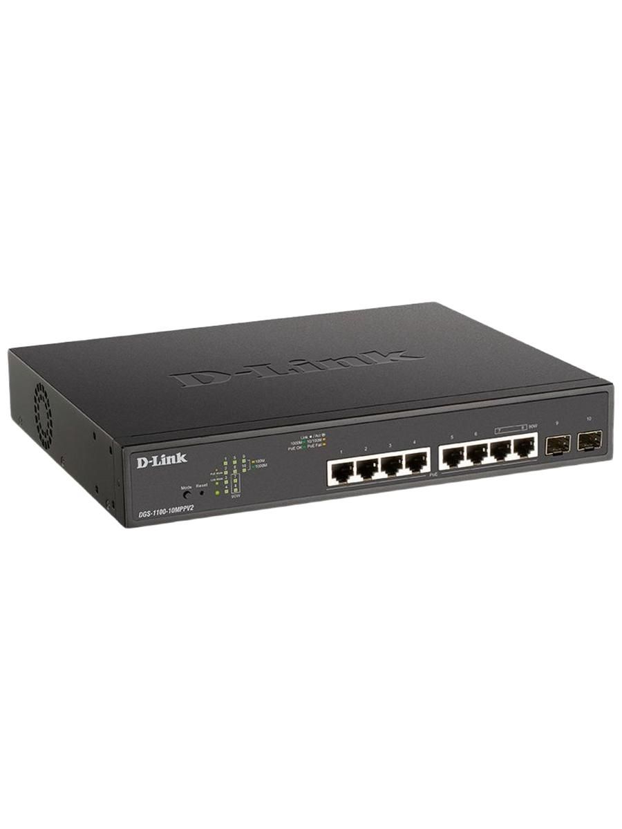 Коммутатор D-Link DGS-1100-10MPPV2/A3A, SFP, RJ45, 8 портов, 20 Гбит/с, PoE, управляемый, чёрный