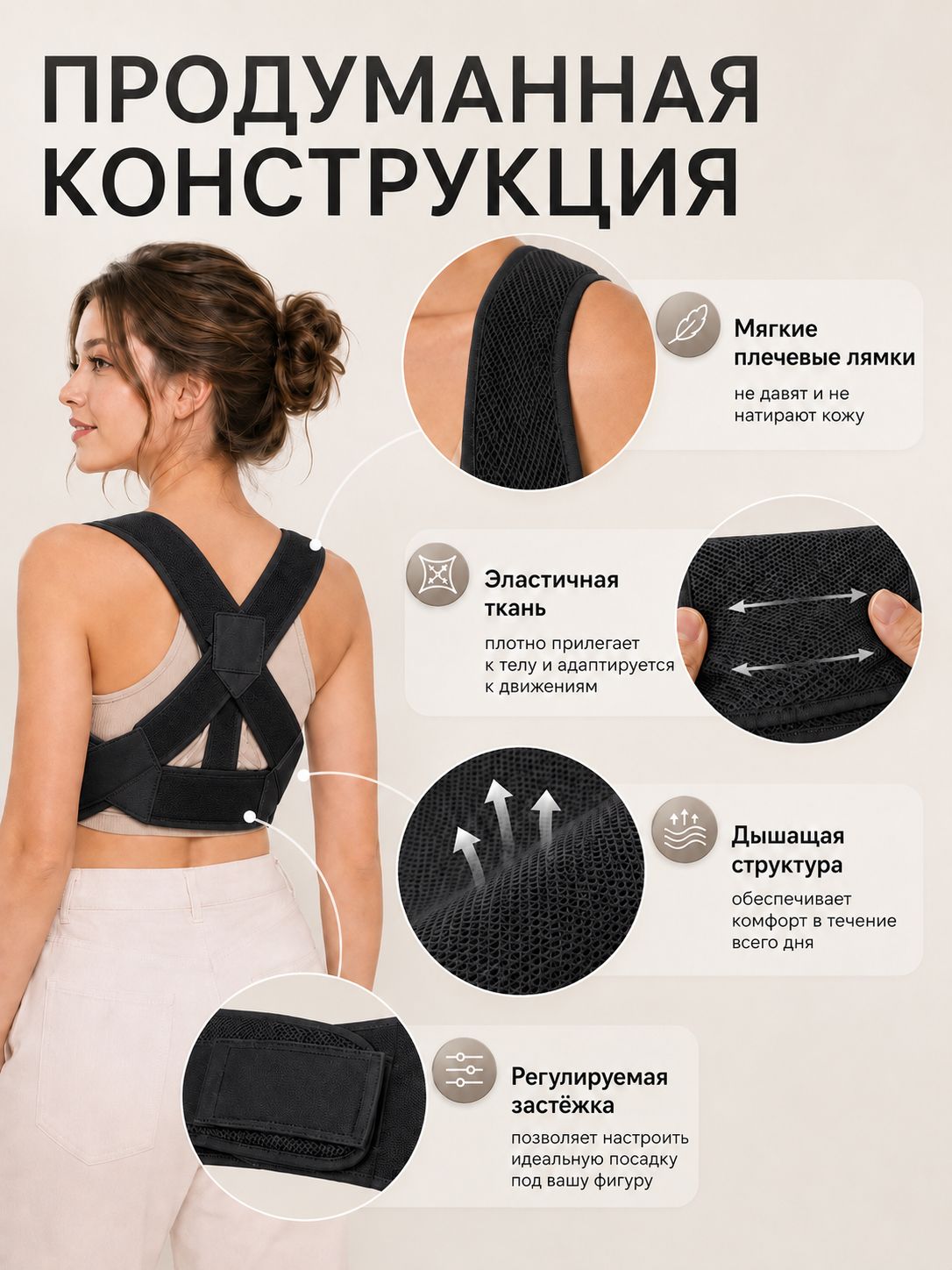 Корсет для осанки женский, корректор осанки женский для спины регулируемый эластичный, размер L для веса 70-90 кг