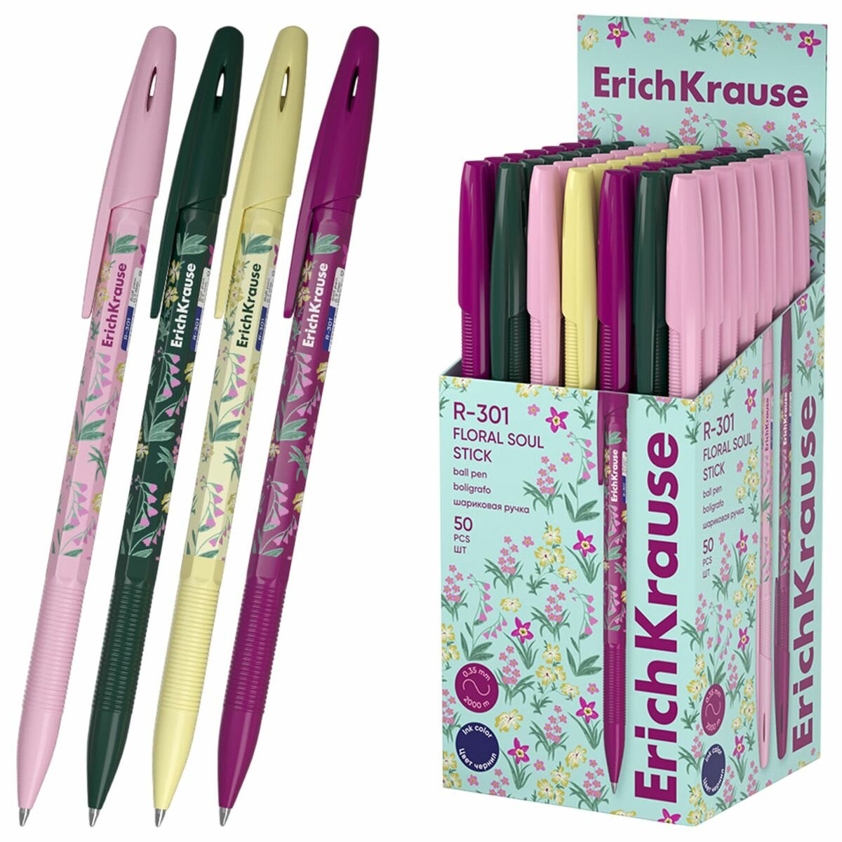 Ручка шариковая Erich Krause R-301 Stick Floral (0.35мм, синяя) (63077)