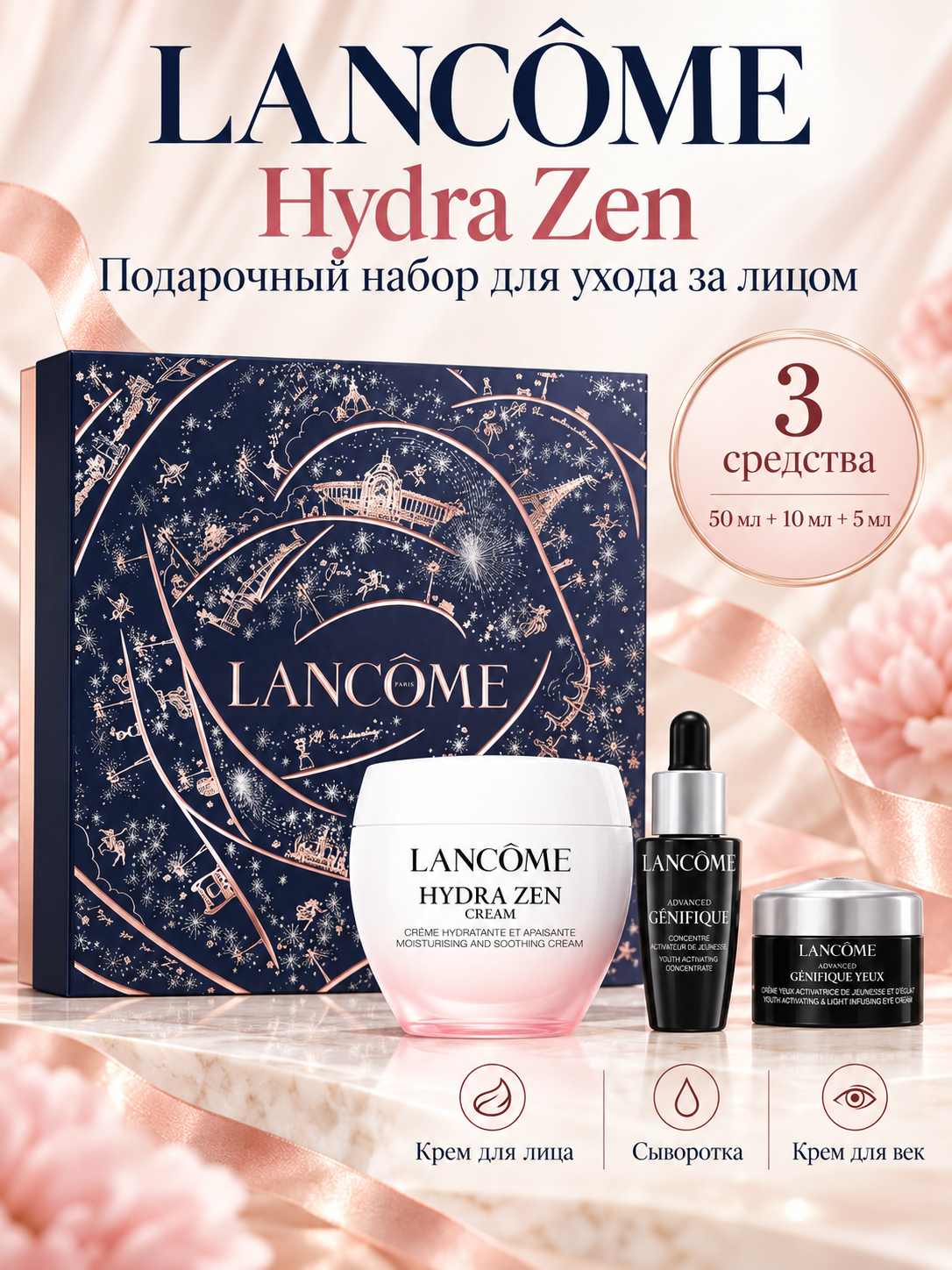 Подарочный набор для ухода за лицом Lancôme Hydra Zen: крем 50 мл, сыворотка 10 мл, крем для век 5 мл