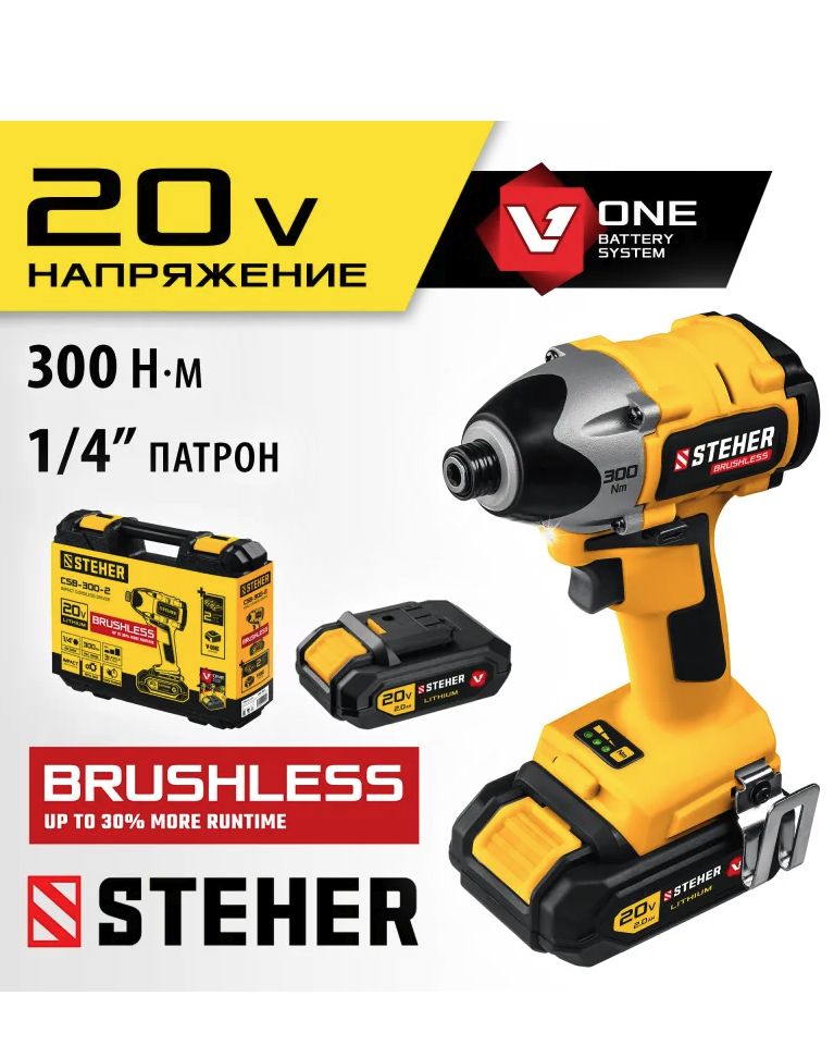 Винтоверт аккумуляторный бесщеточный STEHER CSB-300-2 ударный импакт 20В 300Нм, 2 аккумулятора по 2Ач, кейс