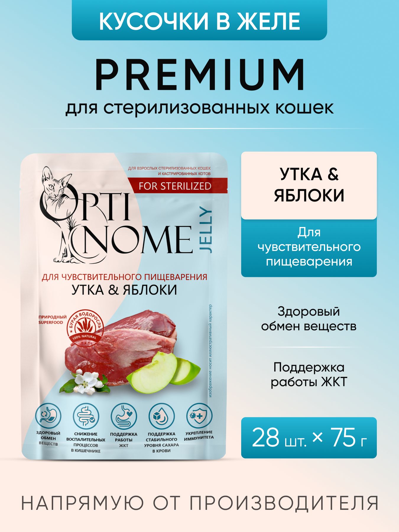 Корм для кошек влажный OPTINOME с уткой и яблоками, при чувствительном пищеварении, кусочки в желе, паучи 75 г, 28 шт.