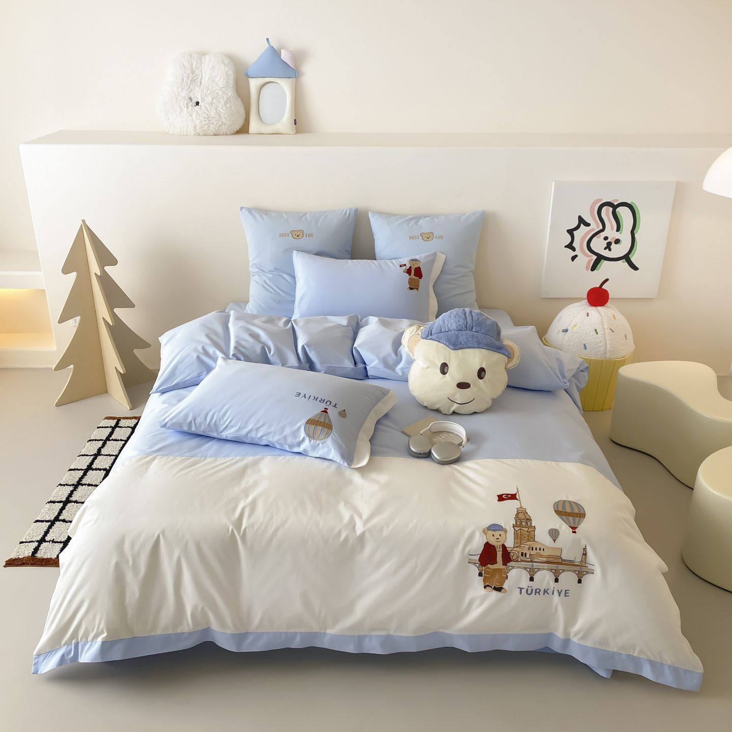 Набор постельного белья Travel Bear с резинкой, хлопок, 1.8м, 4-компонентный с подушкой
