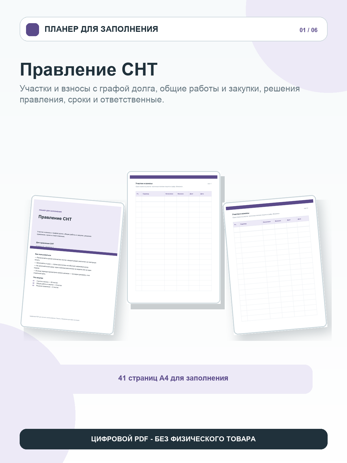 Правление СНТ: участки и взносы с графой долга, общие работы и закупки, решения правления, сроки и, цифровой PDF A4, 41 страница