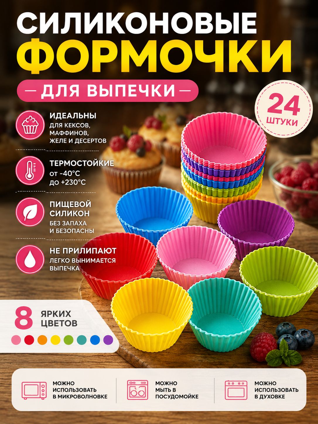 Форма для кексов силиконовая для выпечки маффинов капкейков тарталеток для духовок и аэрогрилей 24 штуки