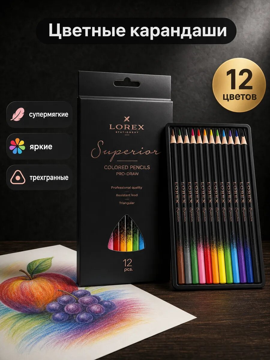 Карандаши цветные Lorex мягкие художественные набор 12 цветов